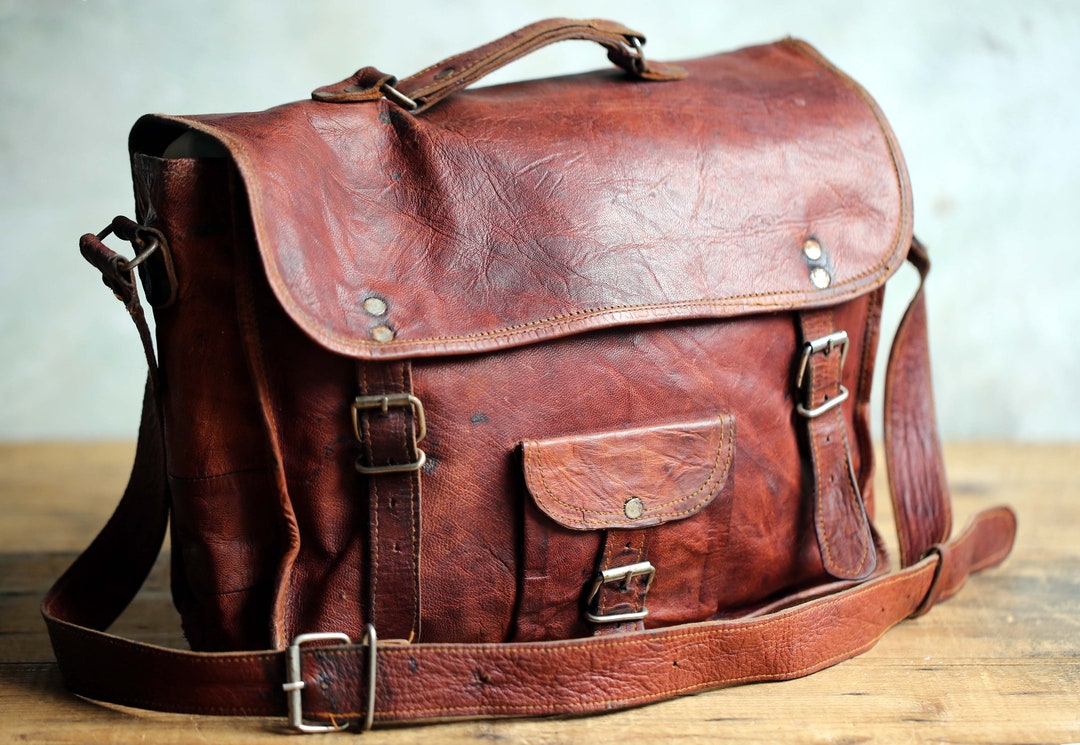 Tatty Leather Bag French Leather School Satchel Brown Battered Shoulder ...
