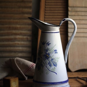 Large Antique Blue & White Floral Enamel Pitcher French Metal - Etsy