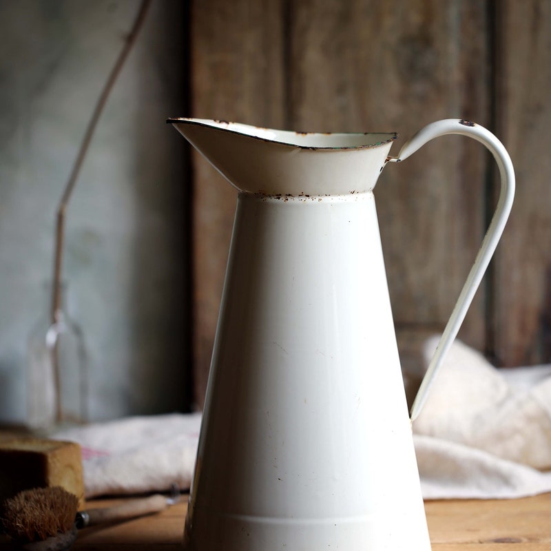 White Enamel Pitcher - Etsy