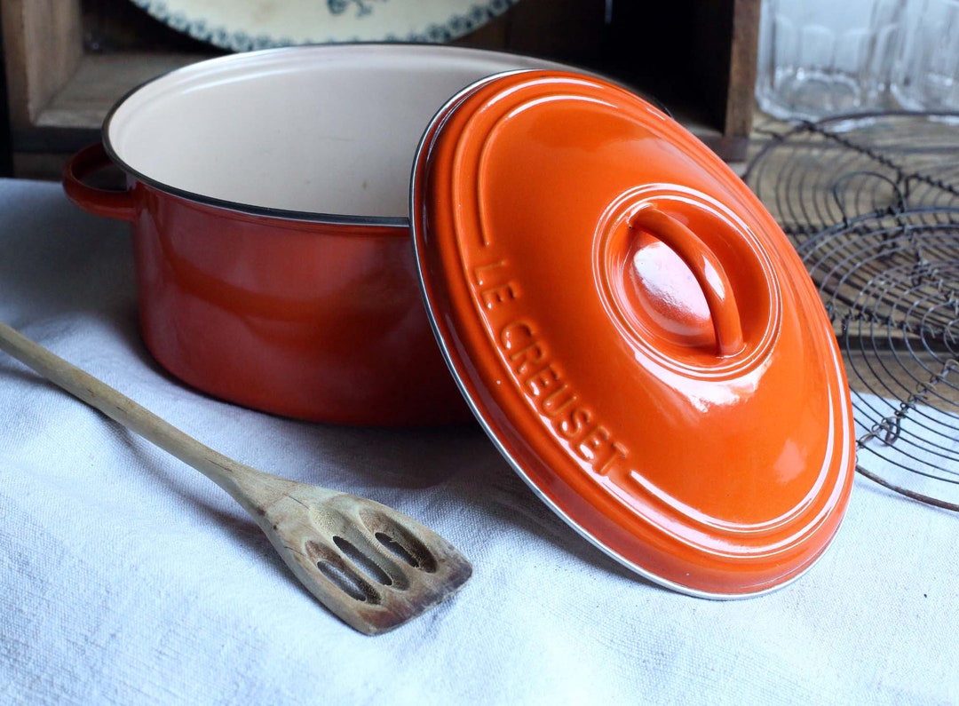 Le CREUSET Enamel Dutch Oven Roasting Pan Orange Steel Mid Century ...