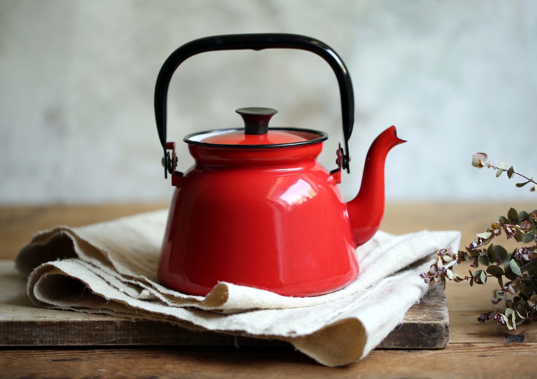 Vintage Red Enamel Kettle Enamelware Teapot - Etsy