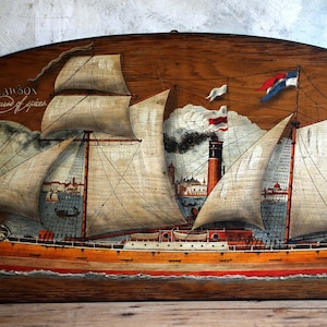 Antique Sign Old Hand Steam Ship Painted Wooden Panel Boat Club Pub ...