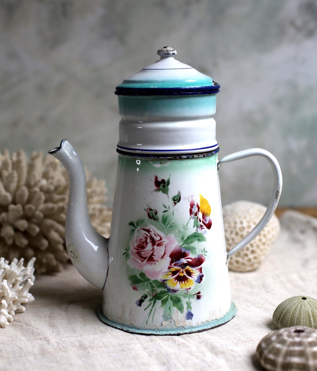 Antique French Floral Coffee Pot Enamelware Cafetiere White & Green ...