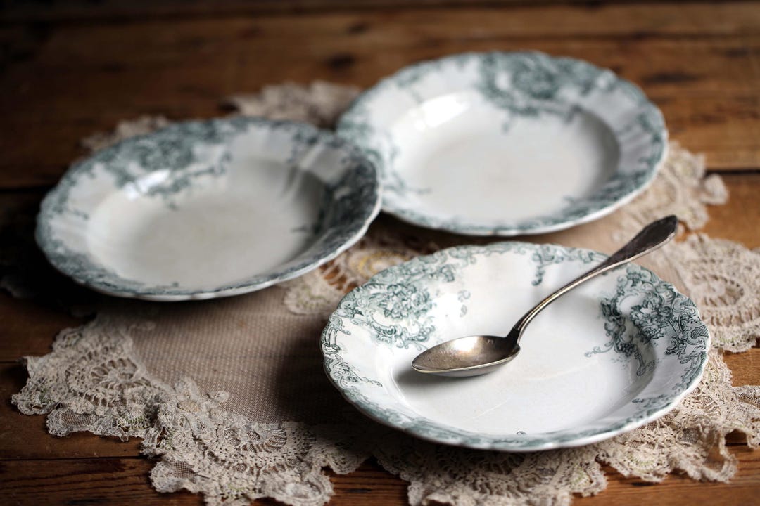 Set of 3 French Antique Dishes Green Rococo Transferware Bowls Lebacqz ...