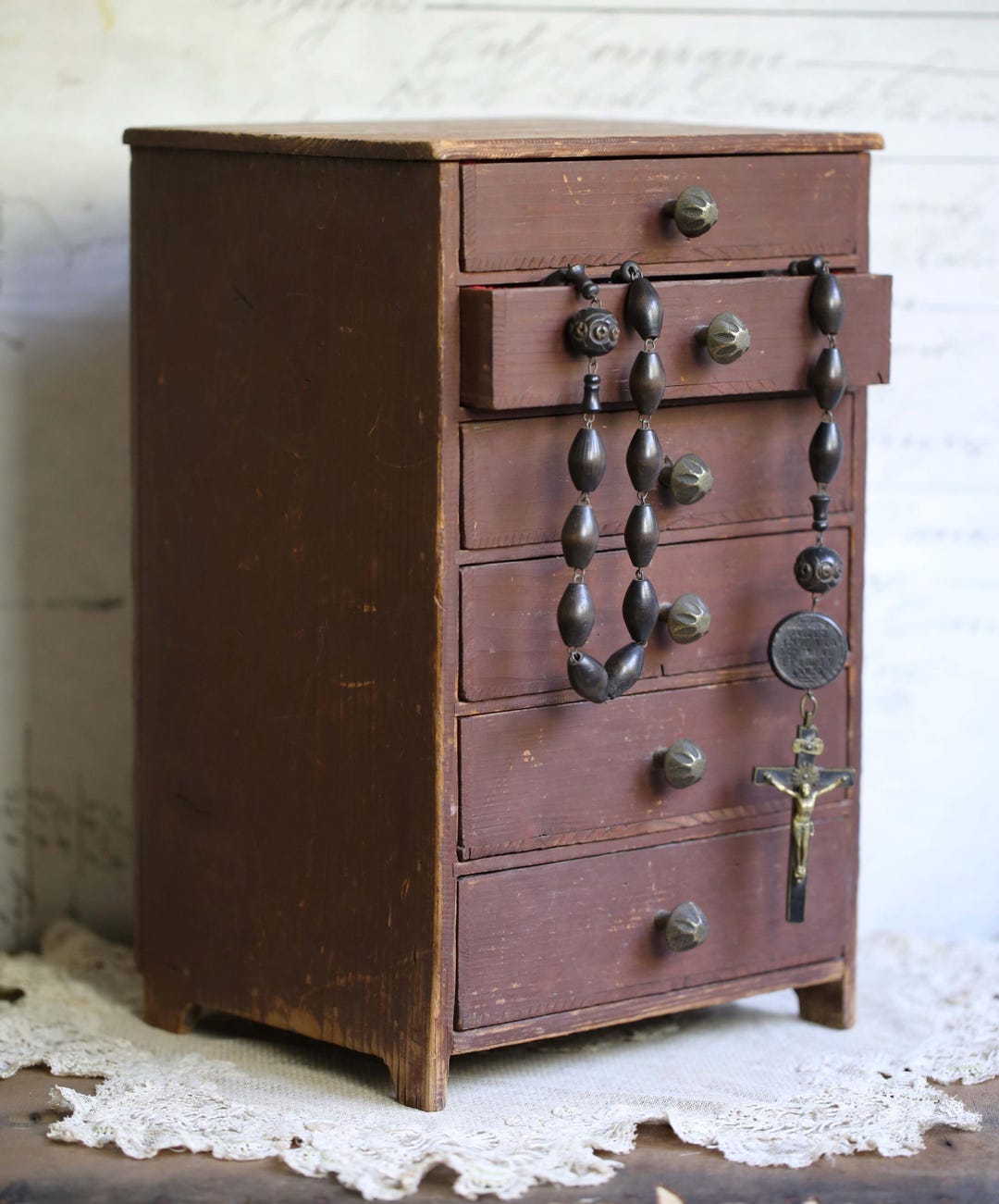 Antique Watchmakers Drawers Distressed Wooden Storage Chest Miniature ...