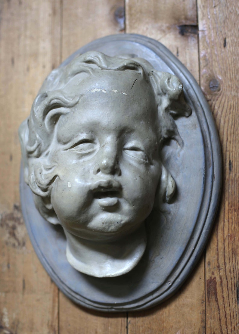 Large Antique Cherub Wall Plaque Angel Face High Relief Cupid Hanging ...