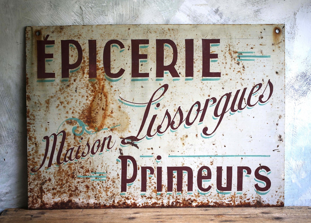 Large Antique French Metal Epicerie Sign Advertising Sign Red Hand ...