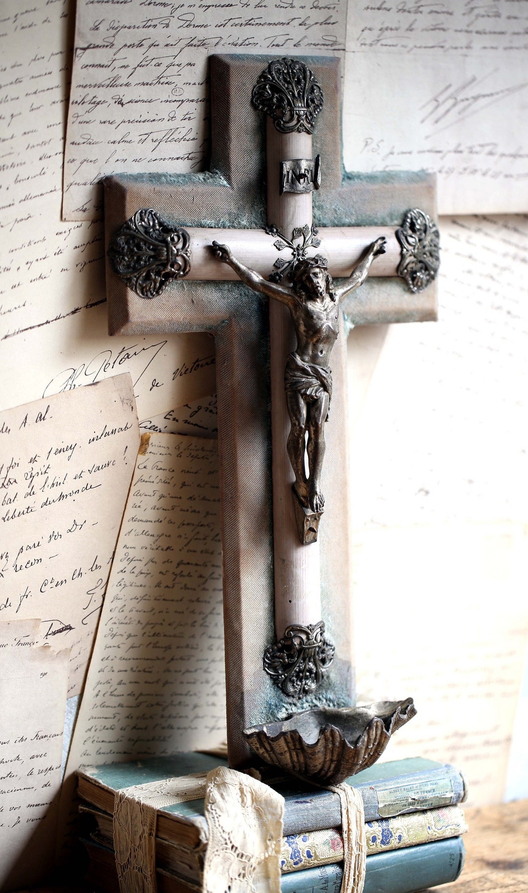 Ornate Antique Blue Velvet Cross Jesus Metal Religious Silver Crucifix ...