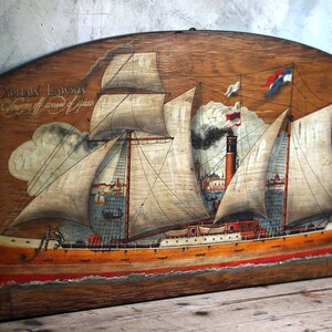 Antique Sign Old Hand Steam Ship Painted Wooden Panel Boat Club Pub ...