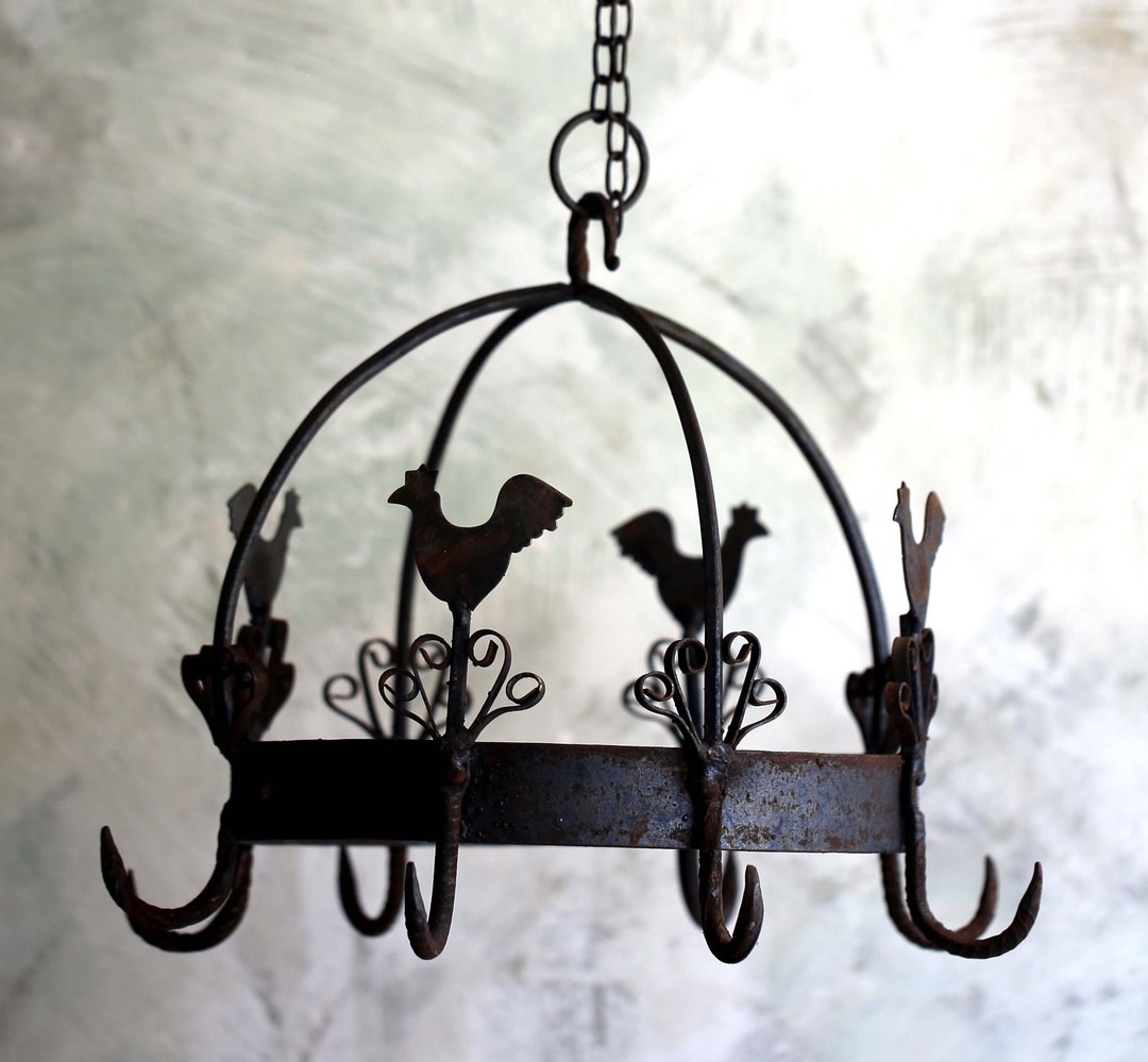 Antique Pan Rack French Hanging Black Wrought Iron Kitchen Hanger Round ...