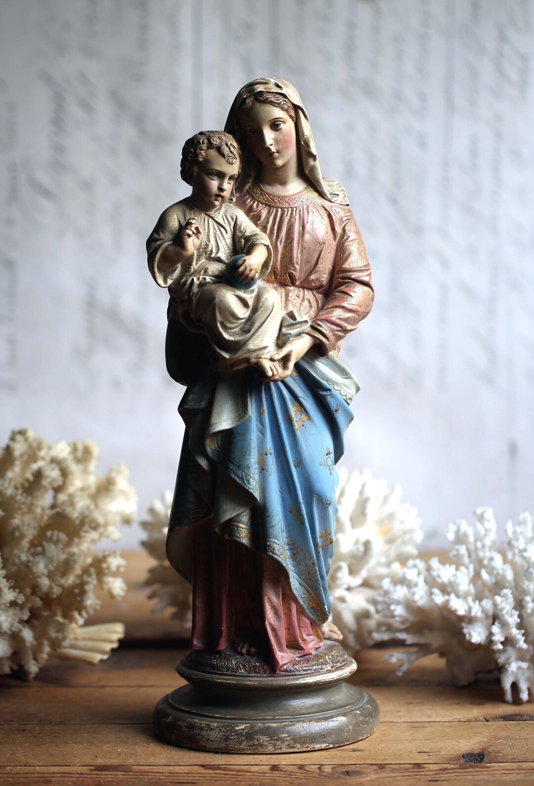 French Antique Virgin Mary Statue With Infant Jesus Christ Polychrome ...