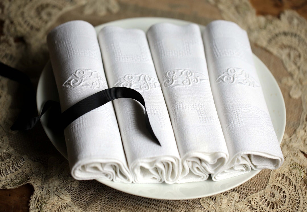 Set of 4 Antique French Serviettes Large White Monogrammed Hand ...