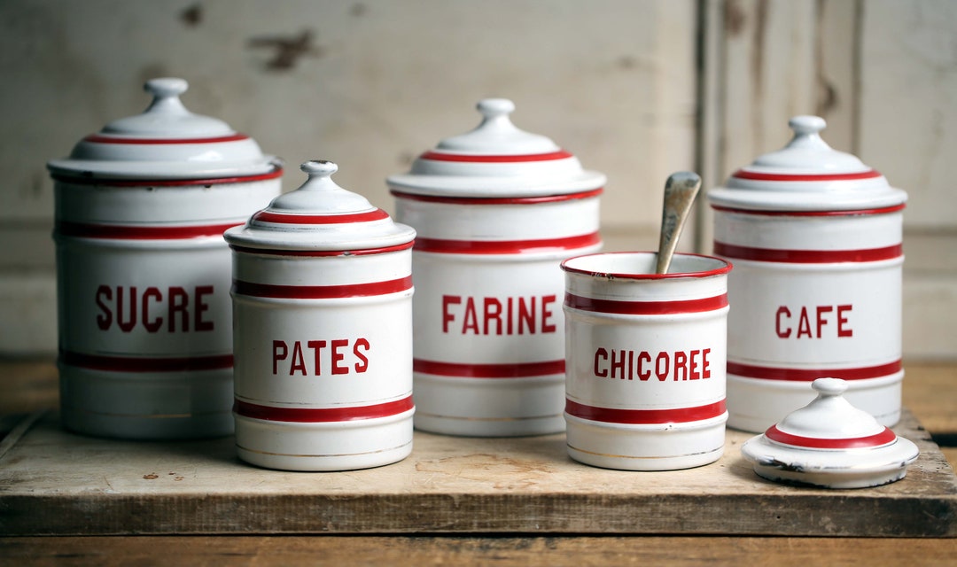 5 Antique Enamel Canisters French Vintage Chippy Red & White Stripe ...