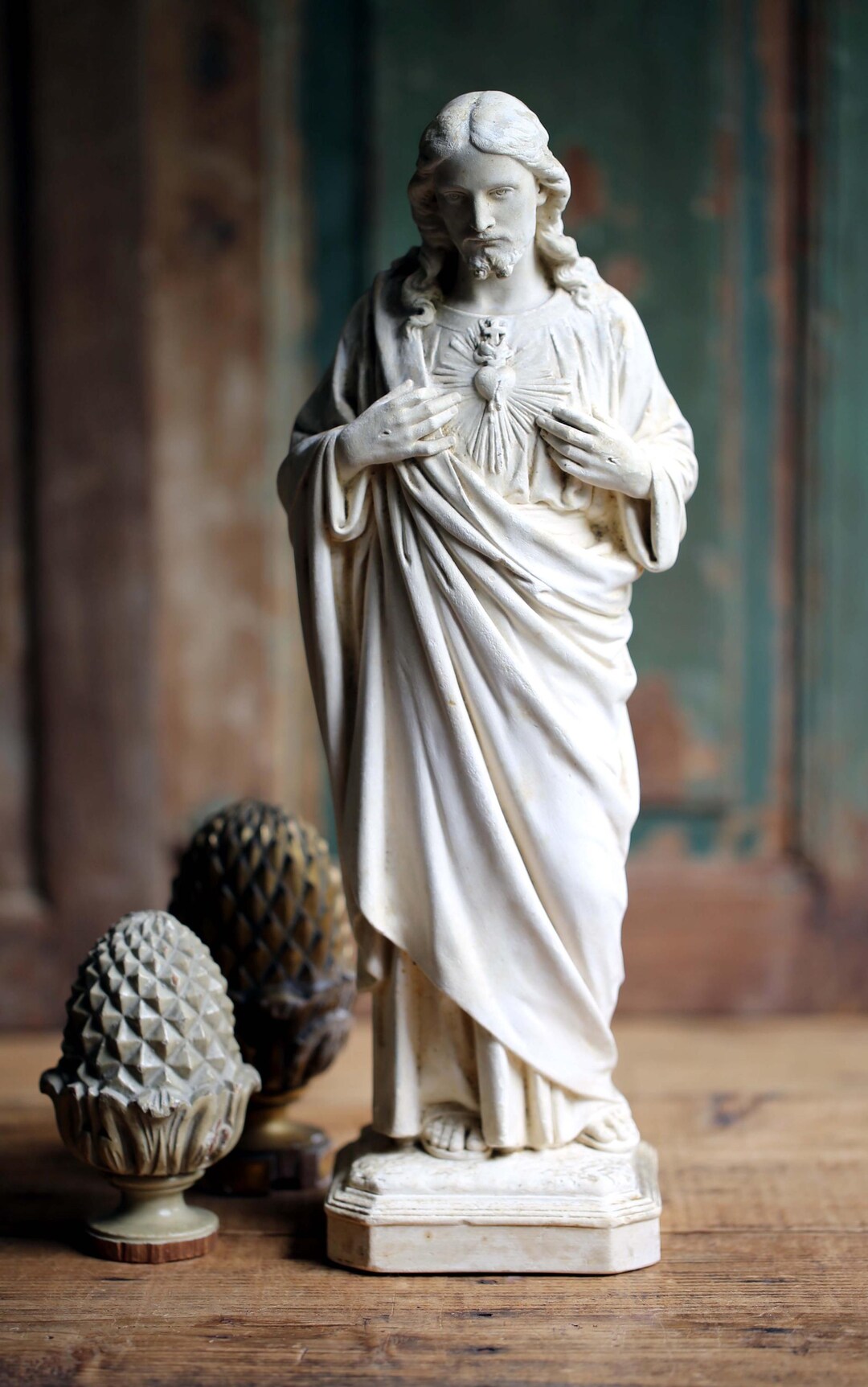 Large French Antique Chalkware Sacred Heart Jesus Christ Statue D.S.R ...