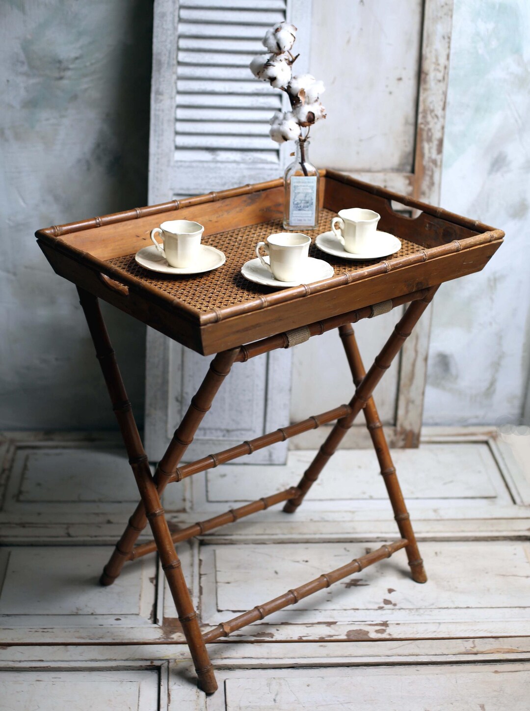 Antique Faux Bamboo Butler Table Folding Wood & Rattan French Campaign ...