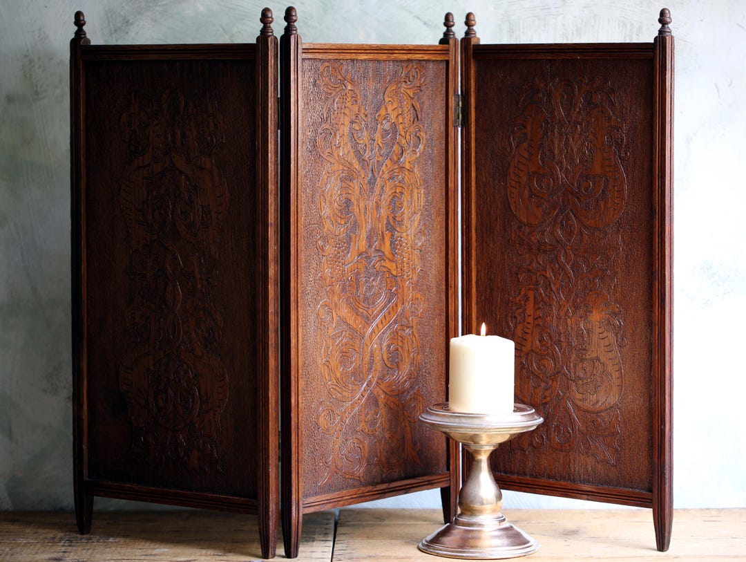 Antique Carved Folding Screen French Neo Gothic 3 Wooden Panels With ...