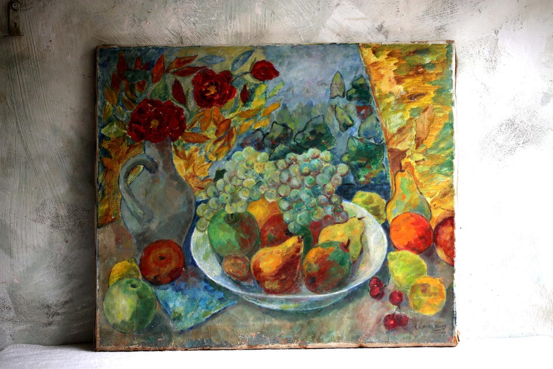 Original Still Life Oil Painting Artist Large Vintage Canvas Fruit ...