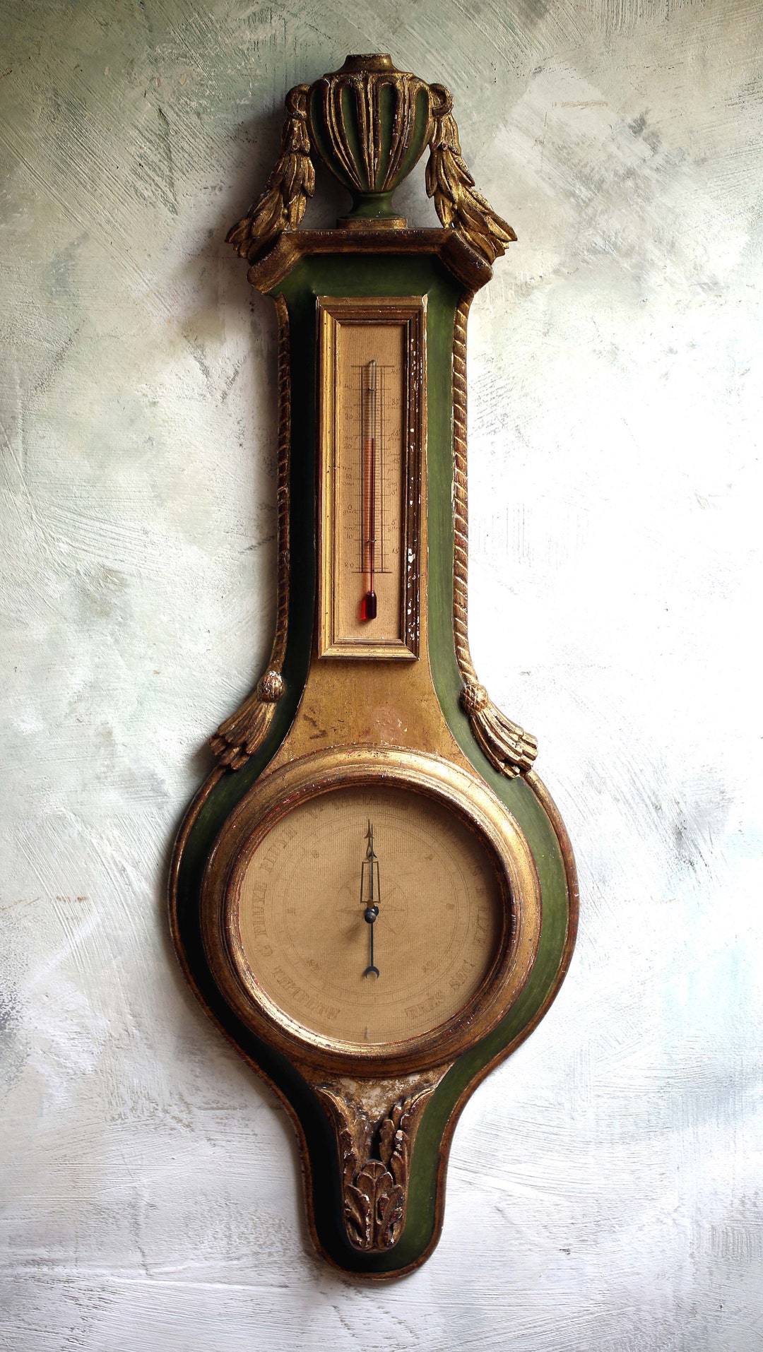 Antique Barometer Thermometer Louis XIV Style Green & Gilded Wood ...