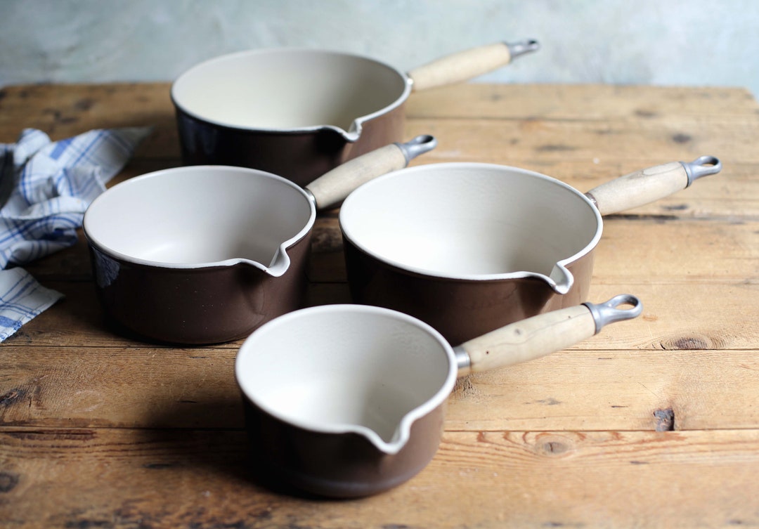 Set of 4 Le Creuset Brown Cast Iron Sauce Pans Vintage Enamel Cookware ...