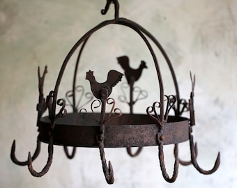 Antique Pan Rack French Hanging Black Wrought Iron Kitchen Hanger Round ...
