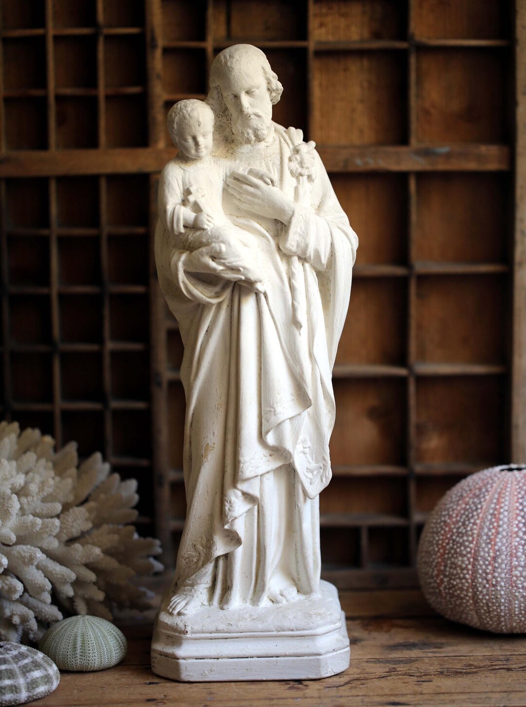Large Antique French Chalkware Saint Joseph & Infant Jesus Christ Child ...
