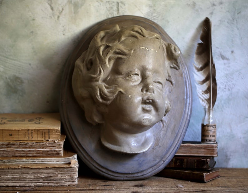 Large Antique Cherub Wall Plaque Angel Face High Relief Cupid Hanging ...