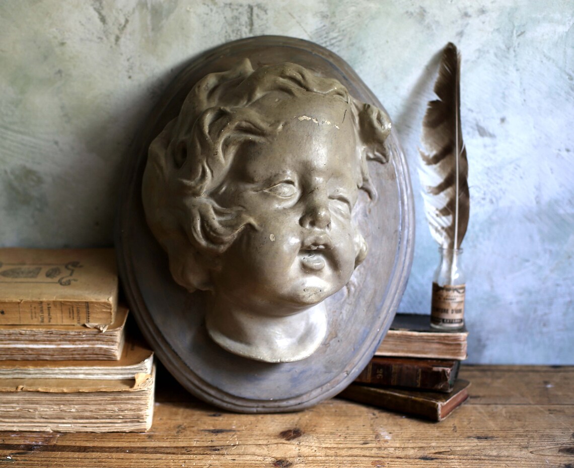 Large Antique Cherub Wall Plaque Angel Face High Relief Cupid Hanging ...