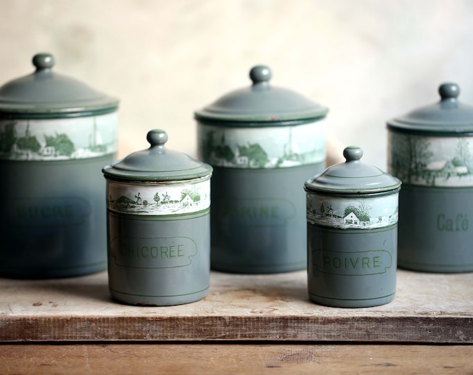 5 Antique Enamel Canisters Vintage Green Enamel Canister Set Enamelware ...