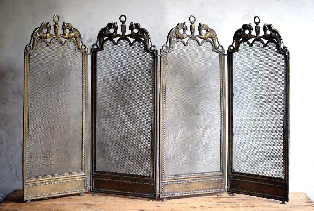 Antique Gothic Firescreen Folding Mesh Fire Guard Brass Firewall With ...