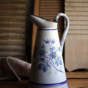Large Antique Blue & White Floral Enamel Pitcher French Metal - Etsy