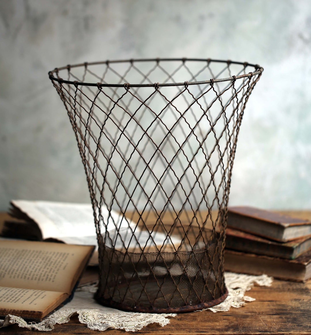 Antique French Wire Waste Paper Bin Rusty Office Rubbish Basket Fil De ...