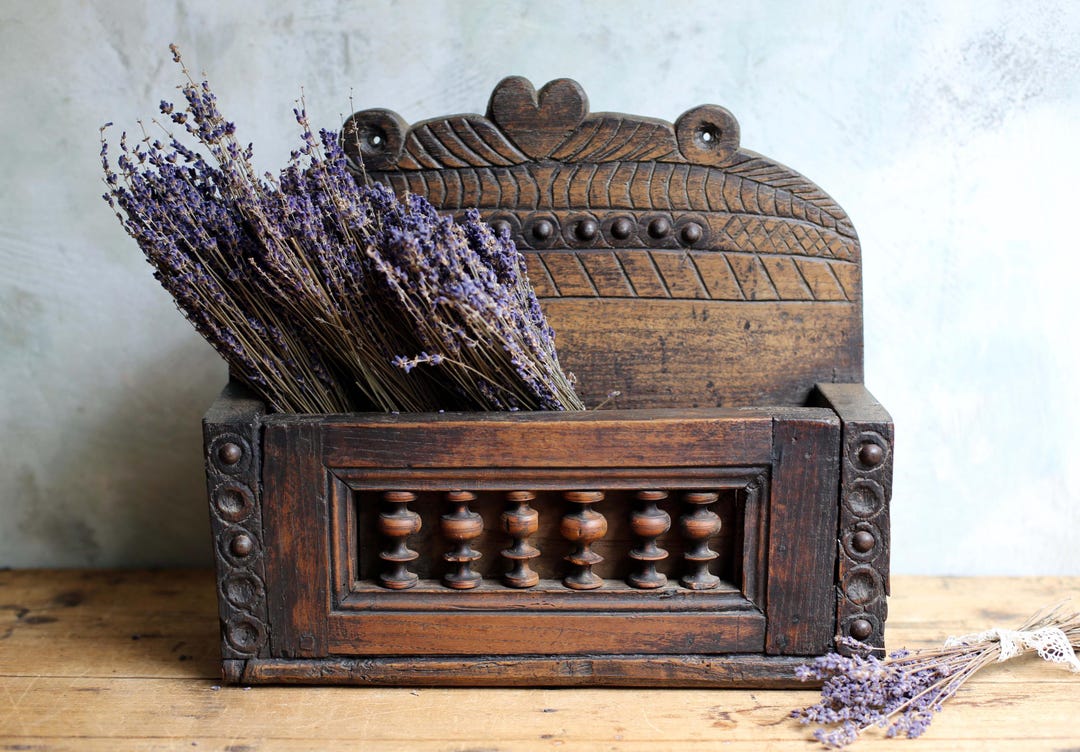 Antique Wall Box Primitive French Floral Breton Folk Art Carved Wooden ...