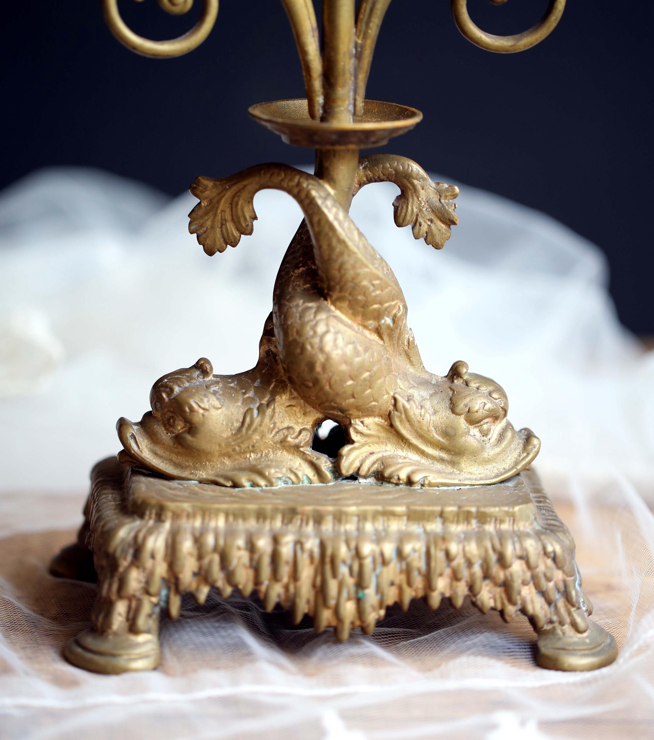 Pair of Antique French Dolphin Candlesticks Ormolu Candelabras Gilded ...