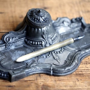 Antique French Inkwell Regency Style Pewter Writing Desk Pen Tray Les ...
