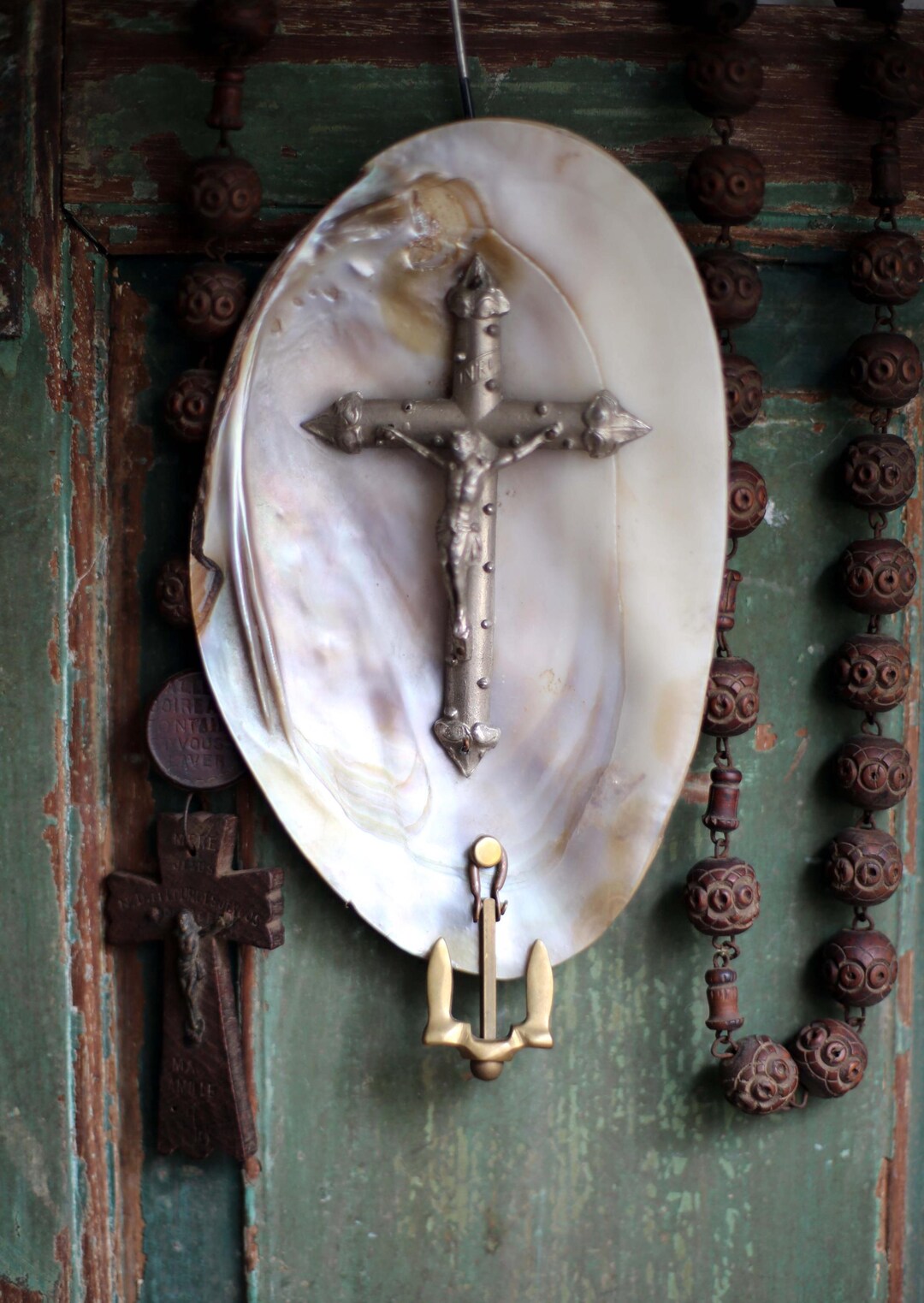 Antique Clamshell Shrine Nautical Wall Hanging Cross & Anchor Folk Art ...