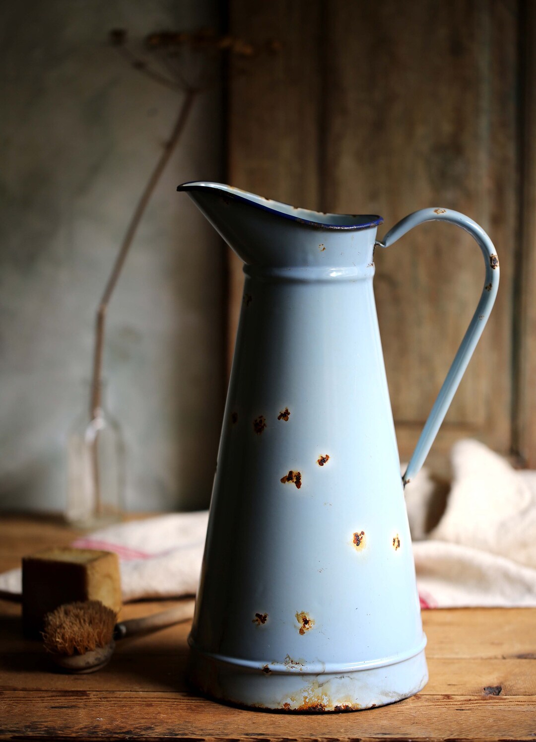 Large Antique Blue Enamel Pitcher French Rustic Metal Enamelware Jug - Etsy
