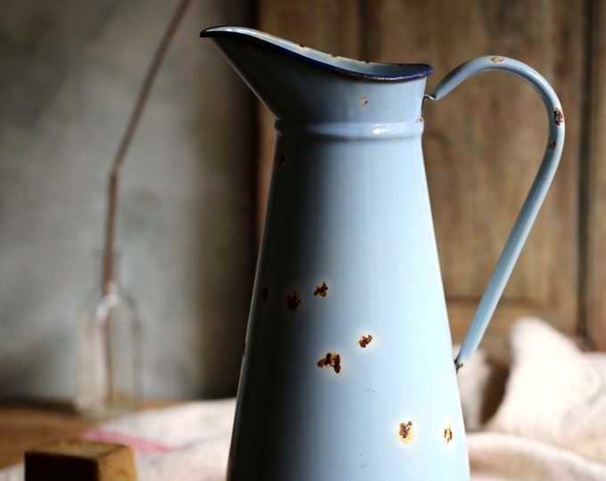 Large Antique Blue Enamel Pitcher French Rustic Metal Enamelware Jug - Etsy