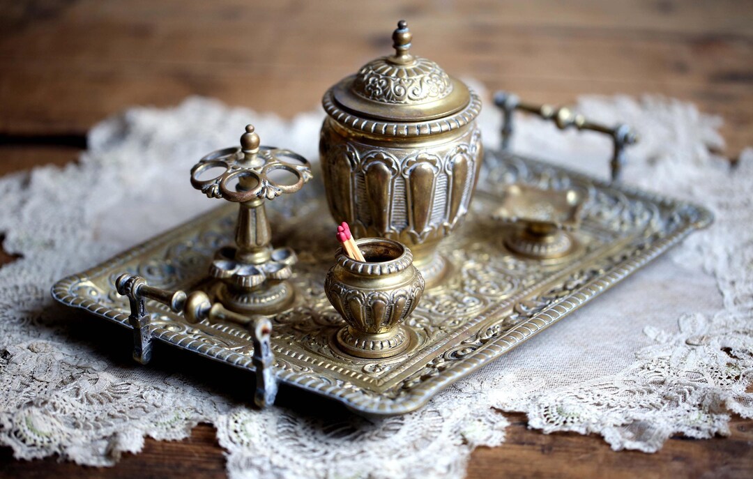 Antique Smoking Tray French Rococo Style Cigar Set Cigarette Stand ...