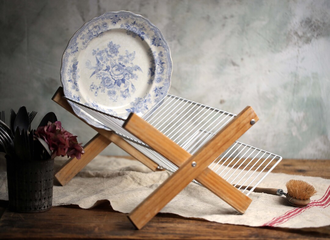 Vintage French Folding Dish Drainer Wood & White Wire Plate Rack ...