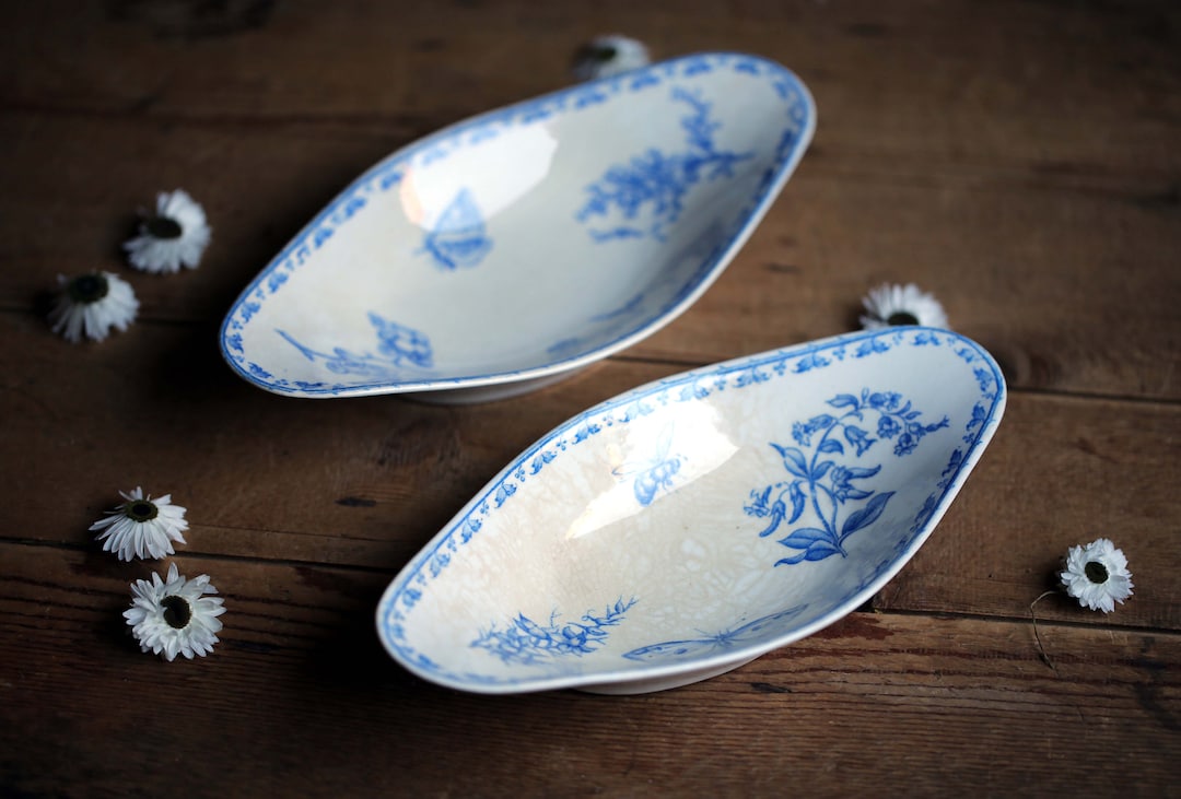 2 French Antique Dishes Creamware & Blue Transferware Relish Serving ...