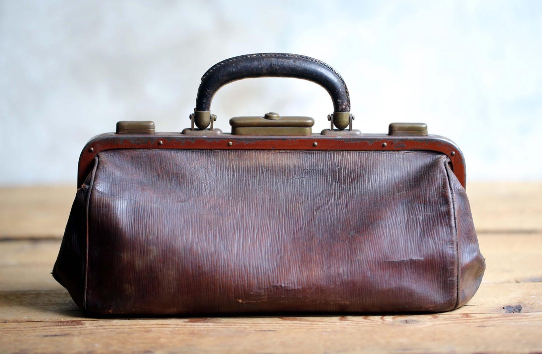 Antique French Leather Doctor Bag Small Brown Battered Old Frame Bag ...