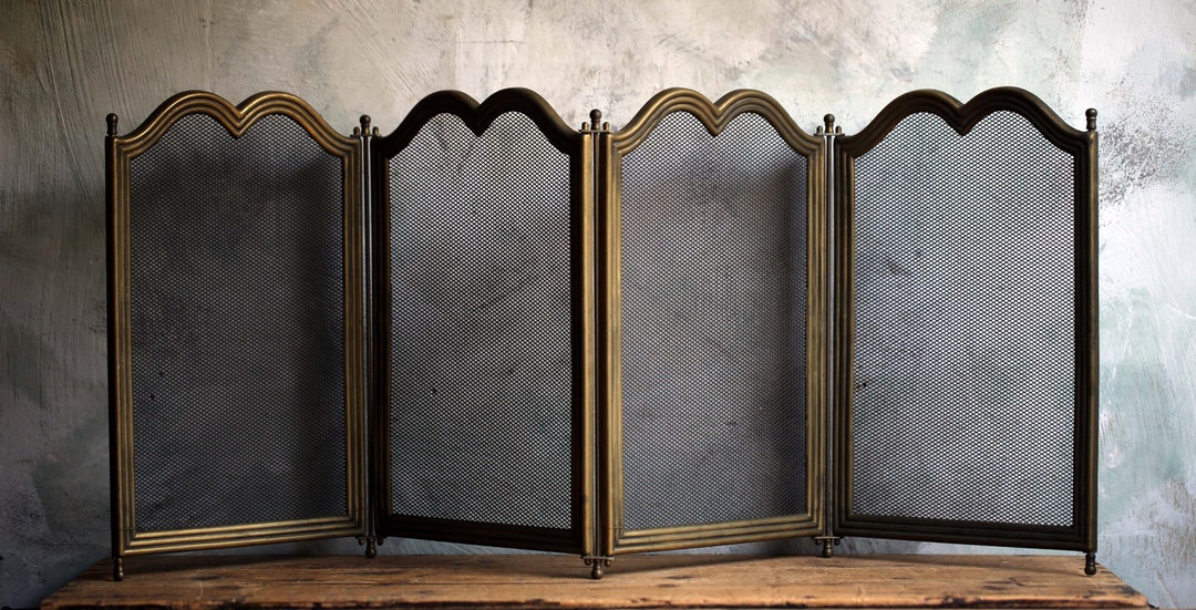 Antique Brass Firescreen Folding Mesh Fire Guard Firewall - Etsy