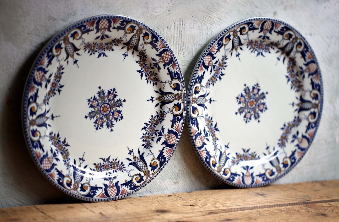 2 French Antique Side Plates Blue Transferware Gien - Etsy