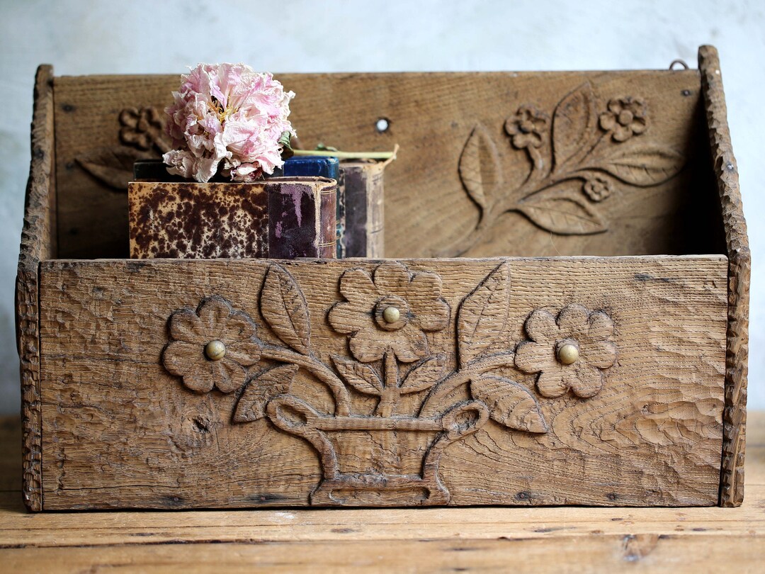 Antique Wall Box Primitive French Floral Folk Art Carved Wooden Storage ...