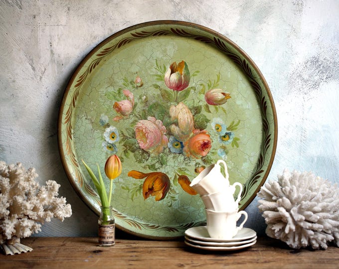 Antique Toleware Tray French Hand Painted Round Metal Tole Gypsy Tray ...