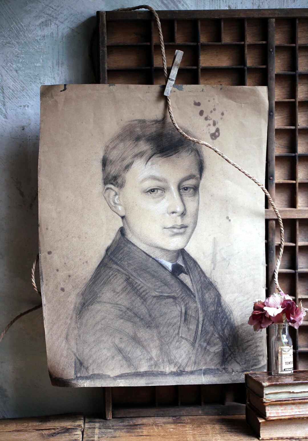 Original Portrait of a Young Boy Antique French Pencil Drawing on Paper ...