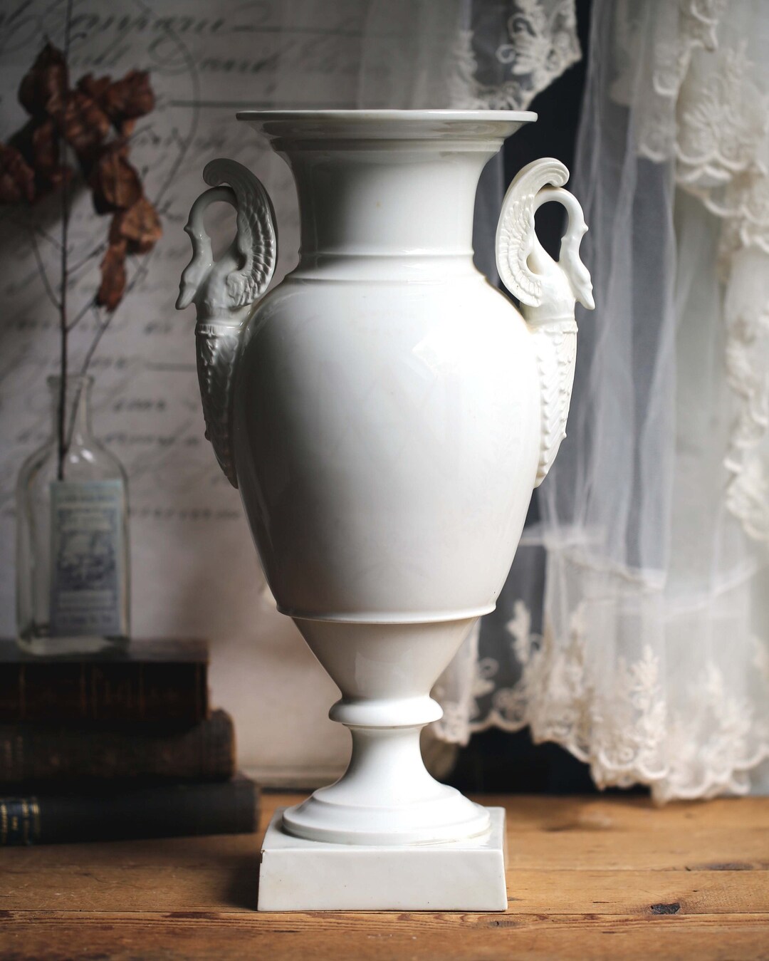 Large Empire Style Church Vase With Swan Handles Antique French White ...