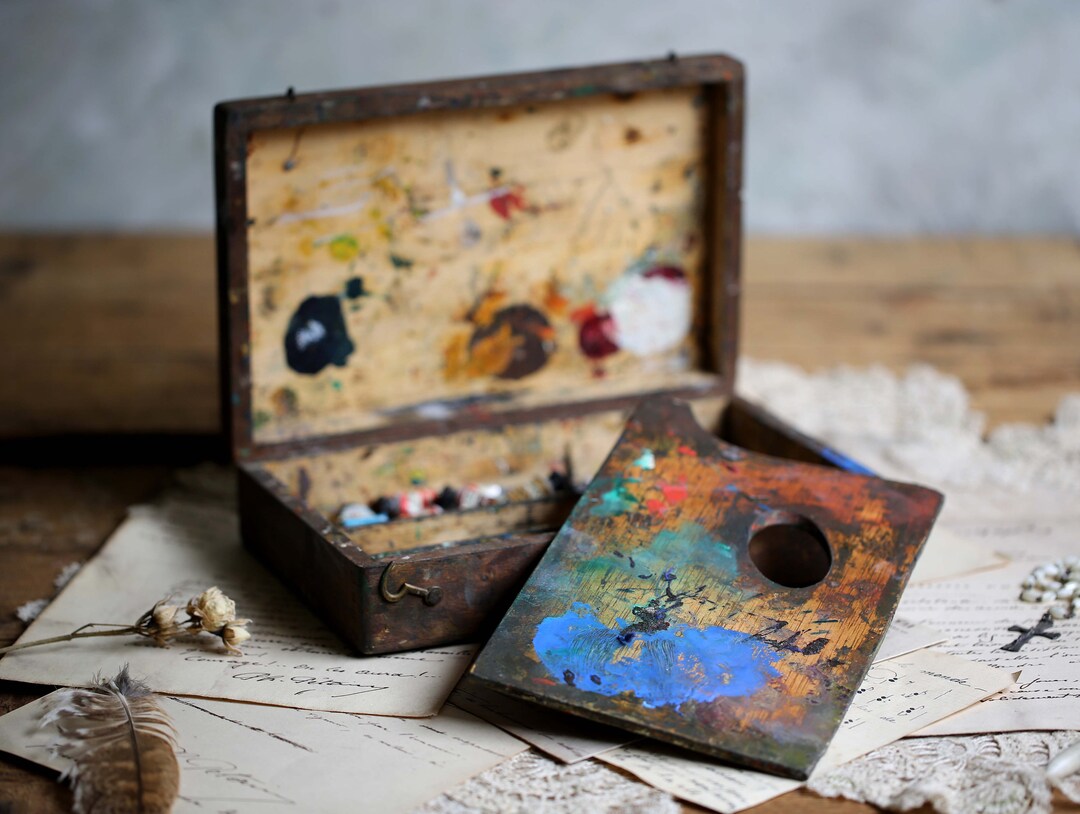 Antique French Artist's Case With Pallet & Oil Paints Wooden Artists ...