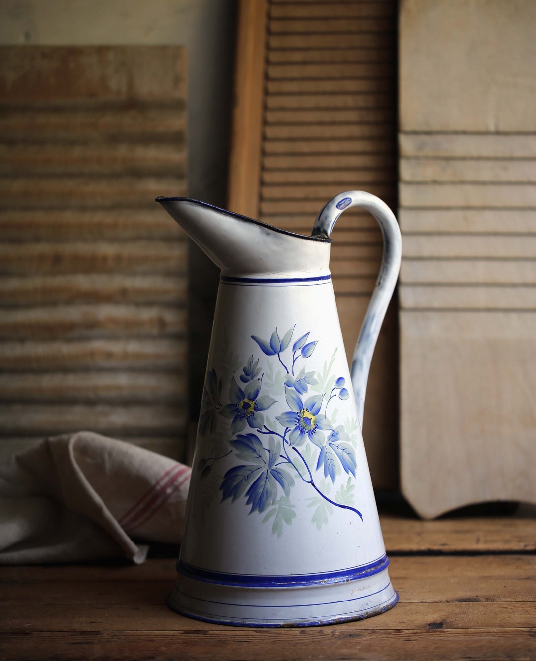 Large Antique Blue & White Floral Enamel Pitcher French Metal - Etsy