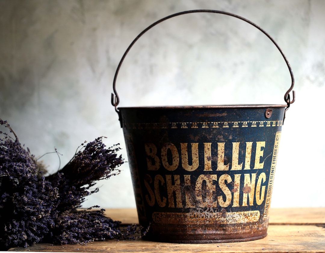 Large Vintage French Bucket Rusty Pail Rustic Metal Advertising ...